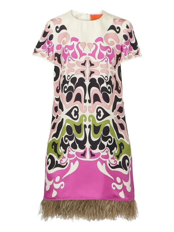 La DoubleJ Mini Swing Feather-trimmed Silk Minidress - Multicoloured