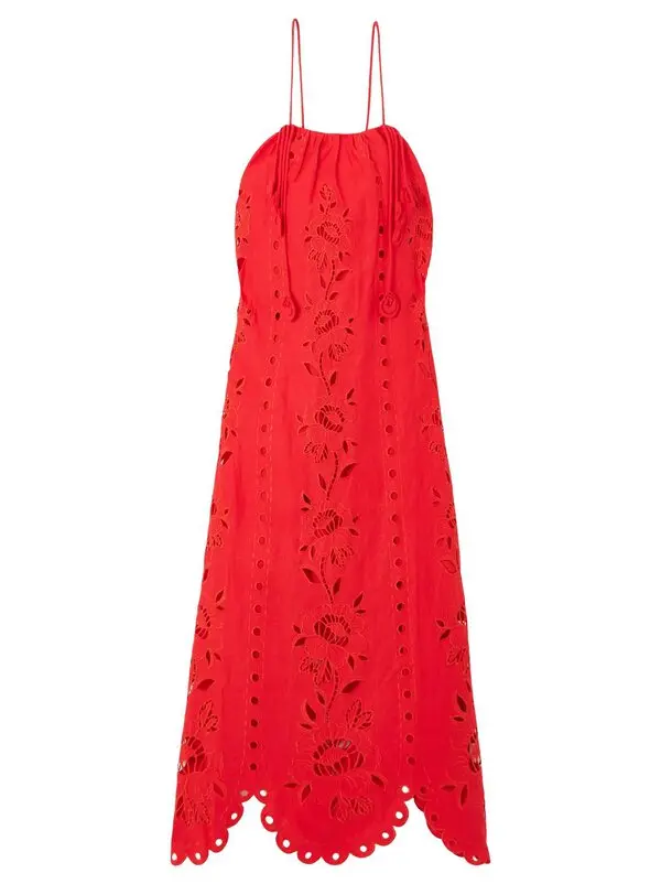 Farm Rio Embellished Broderie Anglaise Linen-blend Midi Dress - Red