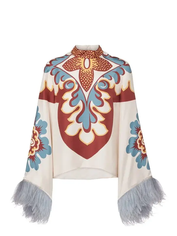 La DoubleJ Feather-trimmed Silk Top - Multicoloured