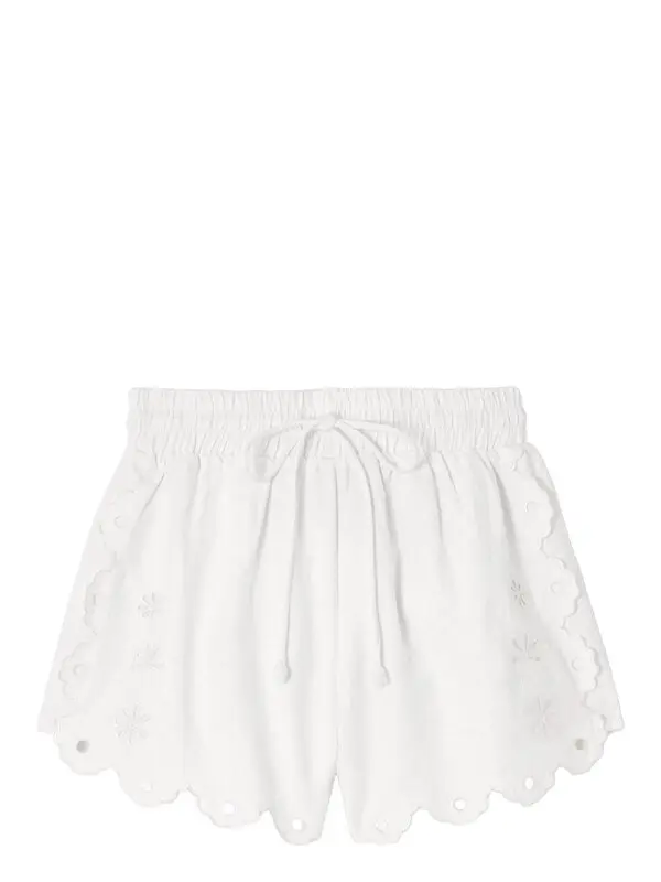 Farm Rio Flowers Richelieu Scalloped Broderie Anglaise Linen Shorts - Off-white