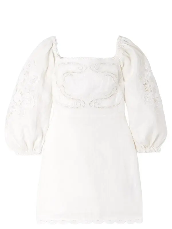 Farm Rio Scalloped Broderie Anglaise-trimmed Linen Mini Dress - White