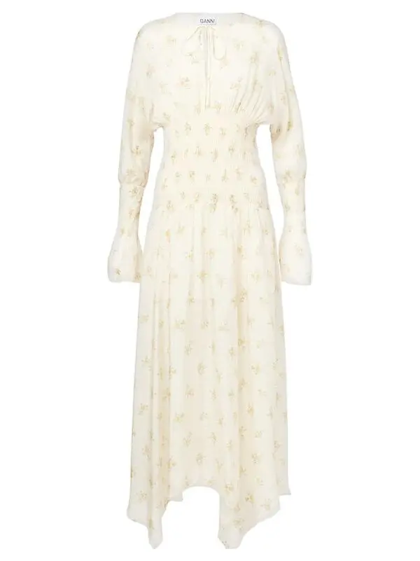 GANNI Printed Smocked Maxi Dress - Beige