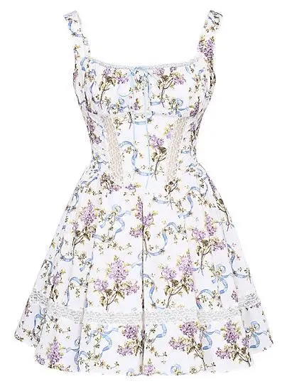 House Of Cb Kimmie Printed Cotton Mini Dress - White Floral Ribbon