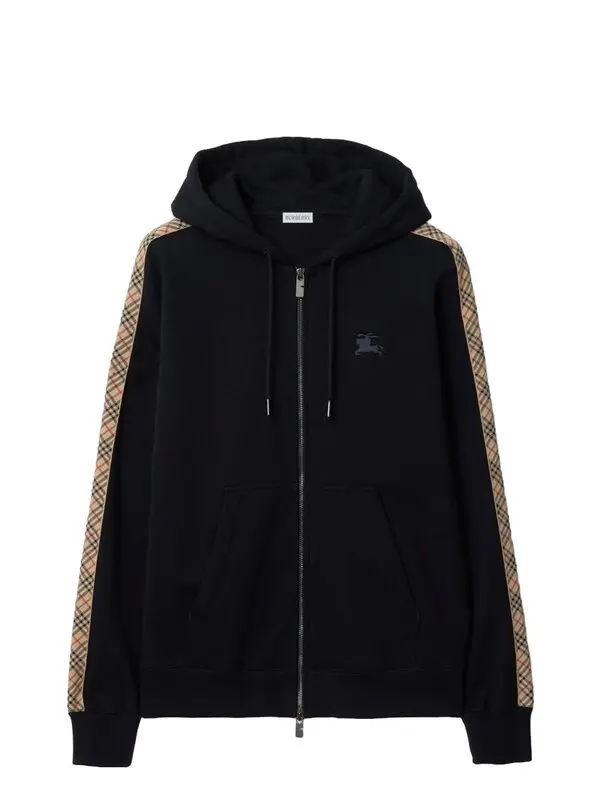 Burberry Check Trim Cotton Zip Hoodie - Navy