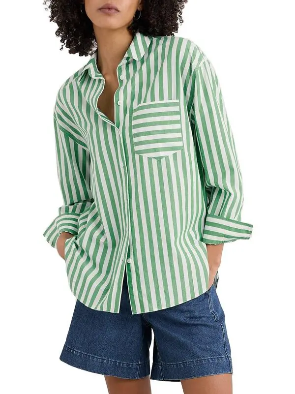 SEASALT CORNWALL Sea Path Oversize Organic Cotton Poplin Shirt - Mini Scallion Stripe Hedgerow