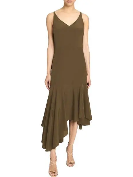 Santorelli Davin Fit And Flare Silk Midi Dress - Olive