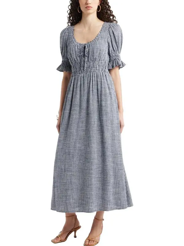 Chelsea28 Gingham Smocked Waist Maxi Dress - Navy-white Mini Gingham