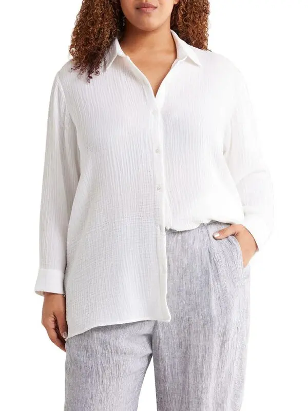 Eileen Fisher Classic Collar Organic Cotton Button-up Shirt - White