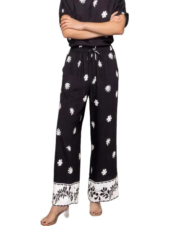 MELLODAY Floral Print Ankle Pants - Black White