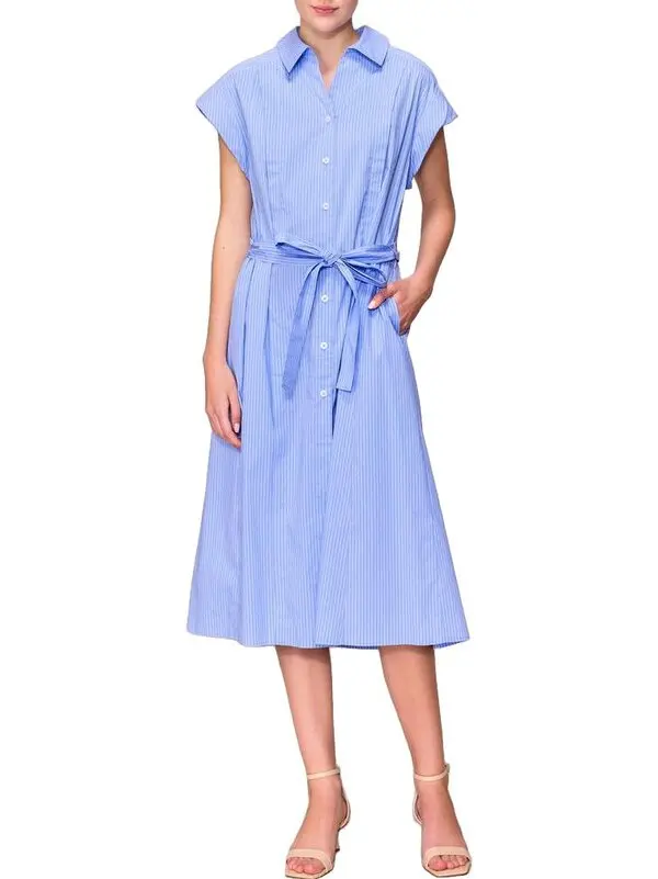 MELLODAY Cap Sleeve Shirtdress - Blue/ Ivory Stripe