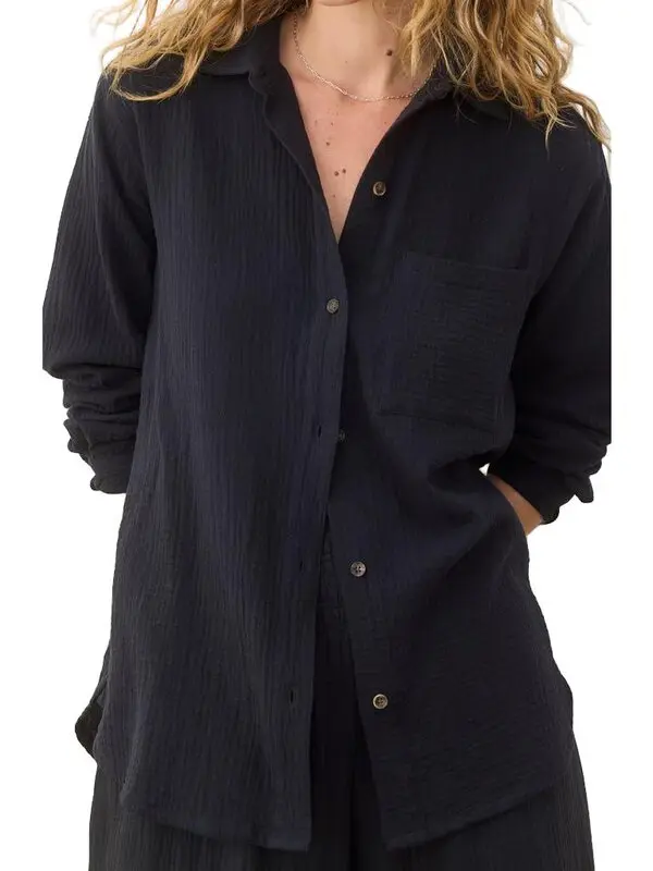 Marine Layer Jane Double Cloth Cotton Gauze Button-up Shirt - Black
