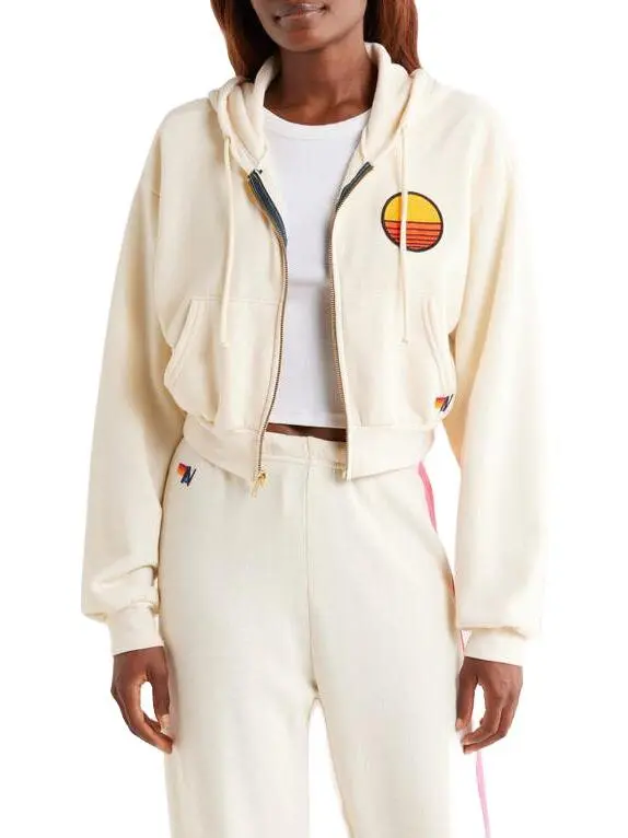 Aviator Nation Sunset Patch Crop Zip Hoodie - Vintage White