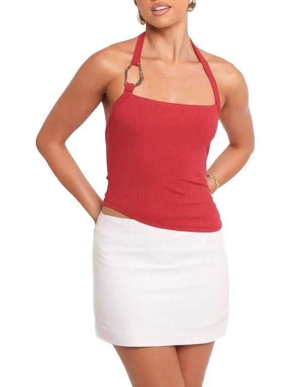 PETAL & PUP Yulissa Asymmetric Rib Halter Top - Red