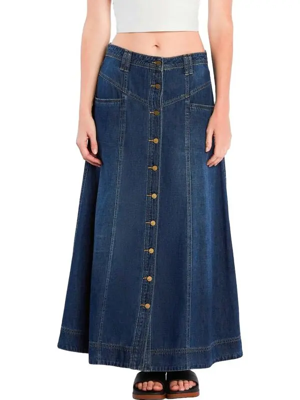 WASH LAB DENIM Panel Front Button Denim Maxi Skirt - Antique Blue