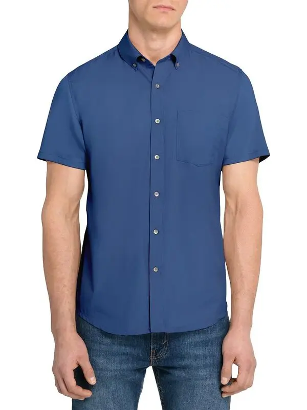 W.R.K Hudson Reworked Slim Fit Solid Short Sleeve Cotton Button-up Shirt - Med Blue