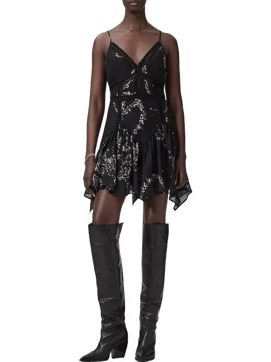 ALLSAINTS Zia Lace Inset Handkerchief Hem Minidress - Flight Black