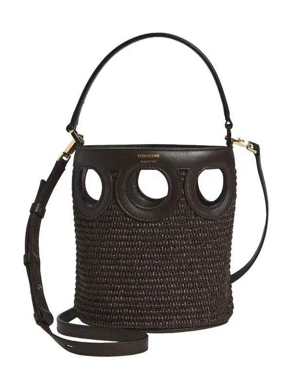 FERRAGAMO Mini Gancio Outline Raffia Bucket Bag - T Moro/ Testa Di Moro