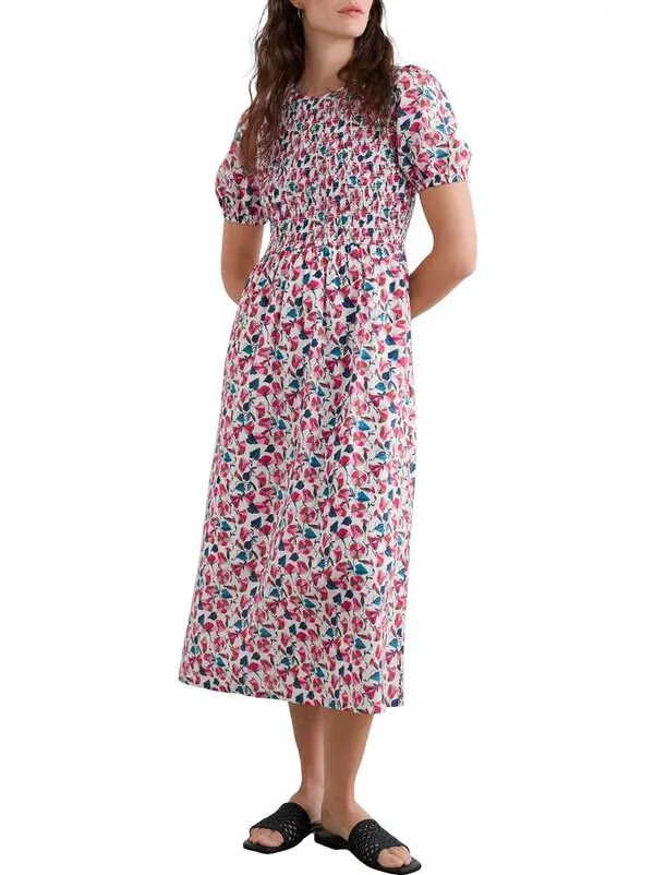 SEASALT CORNWALL Meadowsweet Smocked Organic Cotton Midi Dress - Parasol Floral Chalk