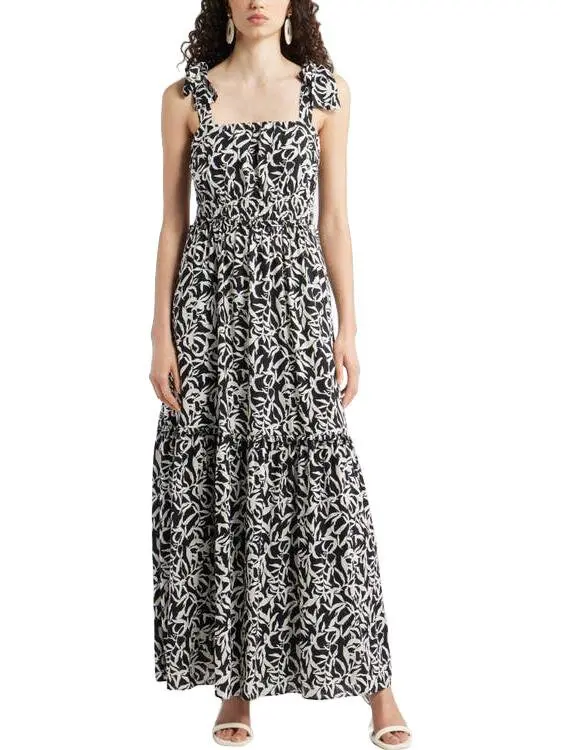 Chelsea28 Floral Print Tie Strap Maxi Dress - Black- Ivory Abstract Foliage