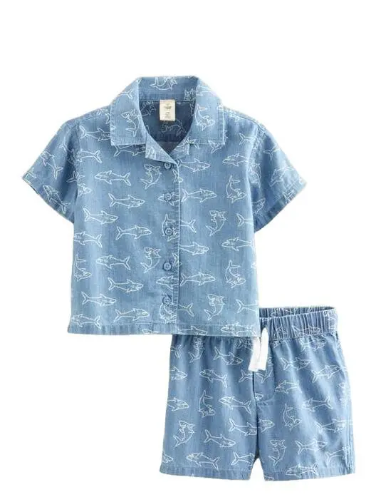 TUCKER + TATE Camp Shirt And Drawstring Shorts Set - Blue Wash Happy Shark