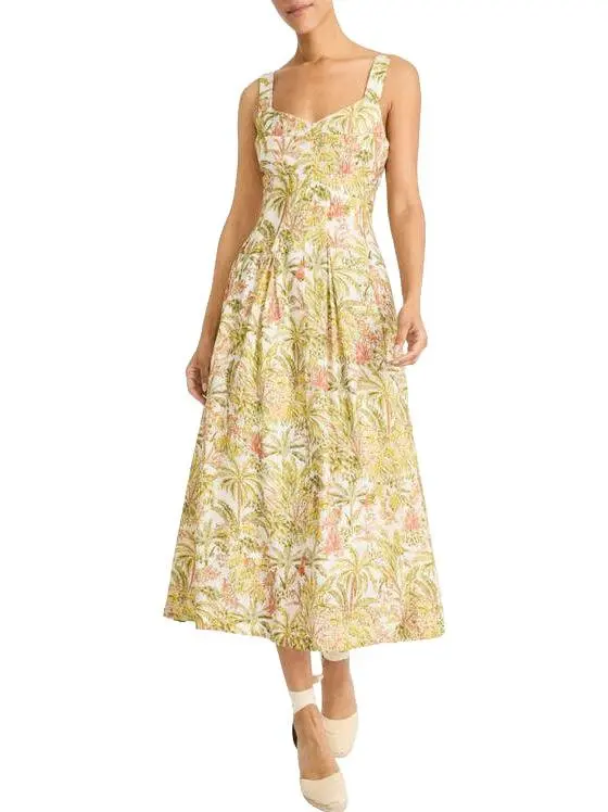 Maggy London Palm Print Empire Waist Fit & Flare Midi Dress - Ivory/ Lemon