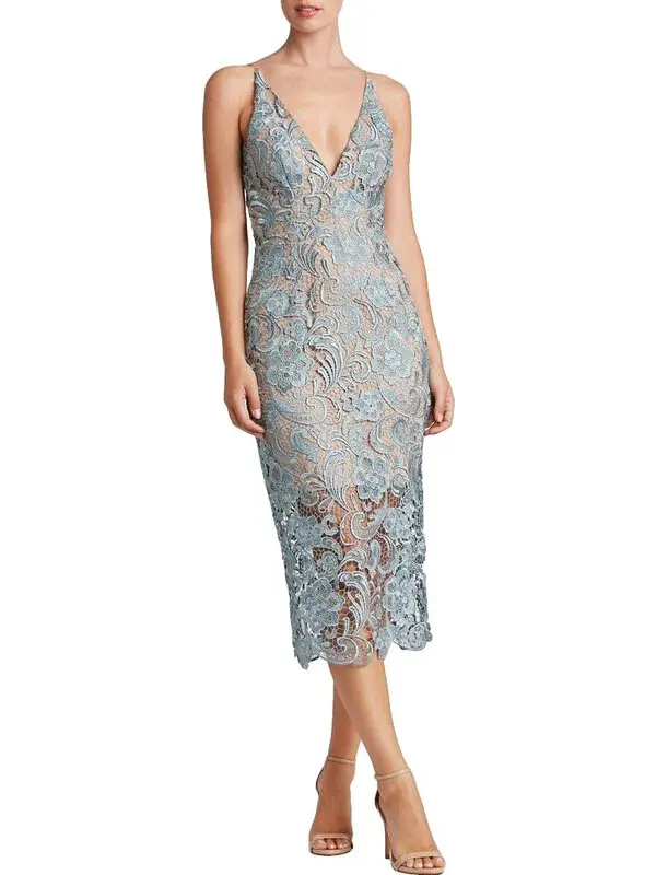 Dress The Population Marie Lace Midi Sheath Dress - Mineral Blue