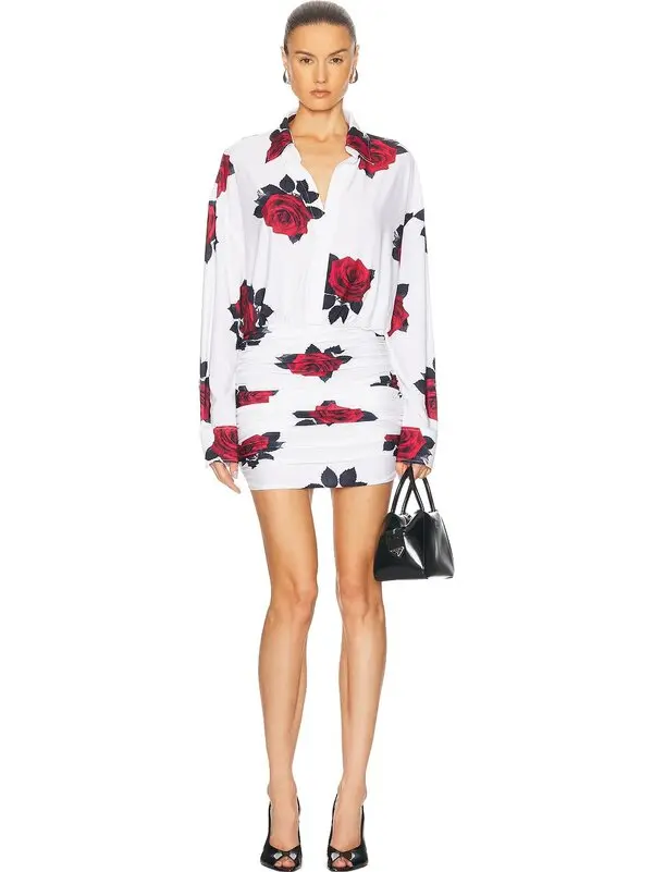 Norma Kamali Oversized Boyfriend Shirred Mini Dress - Red Rose