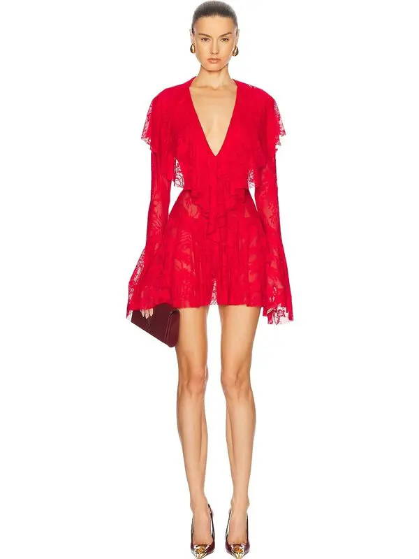 Norma Kamali Long Sleeve Deep V Ruffle Mini Dress - Tiger Red