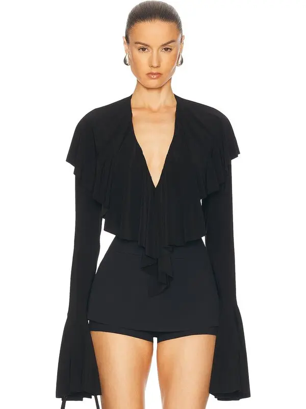 Norma Kamali Long Sleeve Deep V Ruffle Bodysuit - Black
