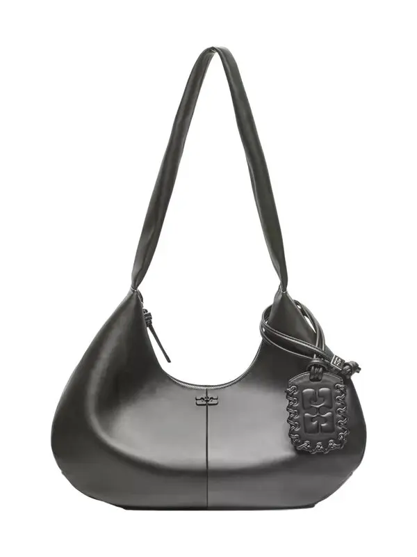GANNI Leather Shoulder Bag With Logo Tag - Black