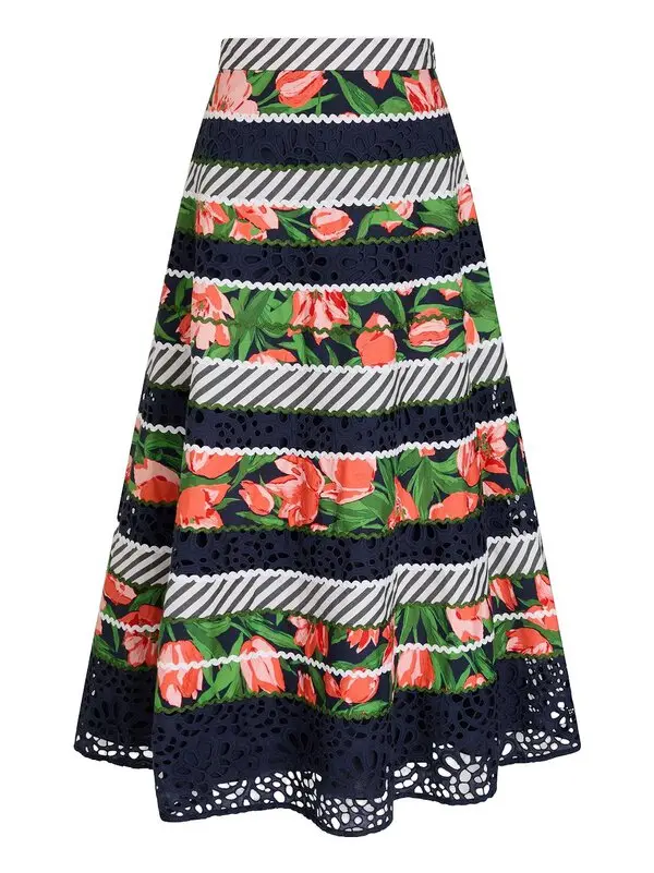 Carolina Herrera Printed Cotton-blend Poplin Midi Skirt - Navy