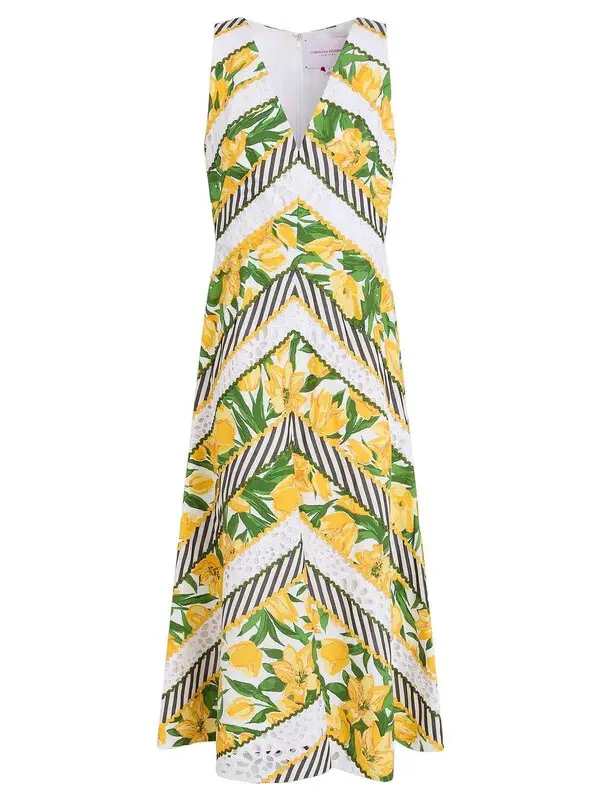 Carolina Herrera Printed Cotton-blend Poplin And Broderie Anglaise Midi Dress - Yellow