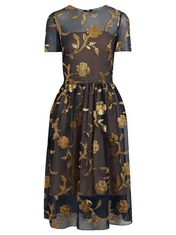 Oscar De La Renta Metallic Fil Coupé Silk-blend Chiffon Midi Dress - Navy