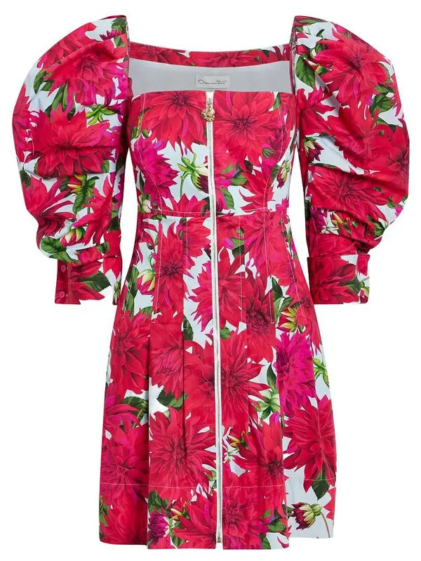 Oscar De La Renta Floral-print Cotton-blend Poplin Mini Dress - Fuchsia