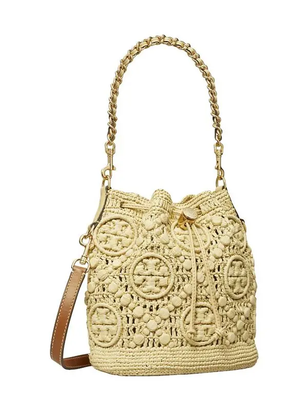 Tory Burch T Monogram Raffia Bucket Bag - Natural