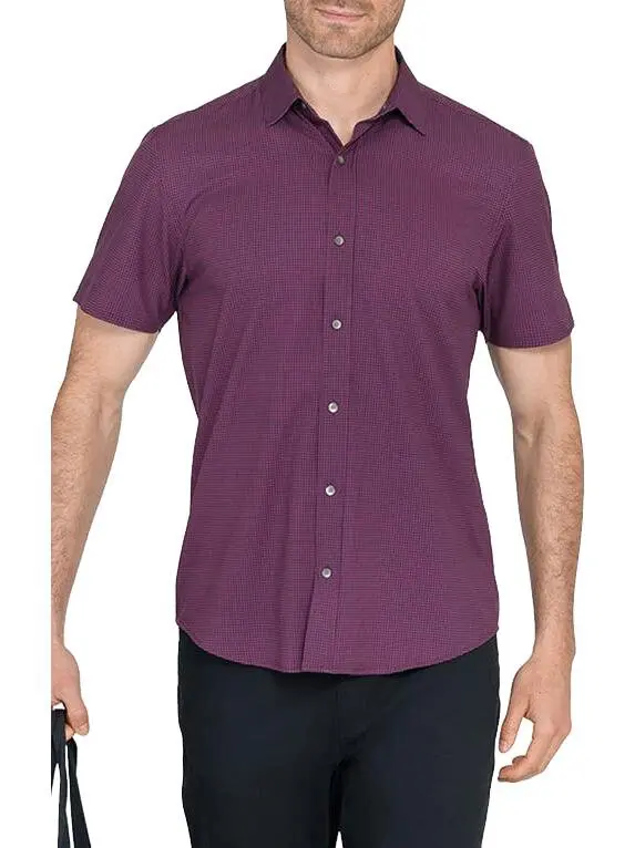 W.R.K Trim Fit Houndstooth Short Sleeve Performance Button-up Shirt - Burgundy