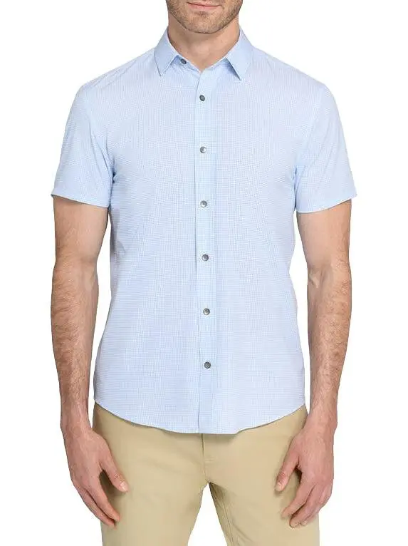 W.R.K Trim Fit Houndstooth Short Sleeve Performance Button-up Shirt - Light Blue