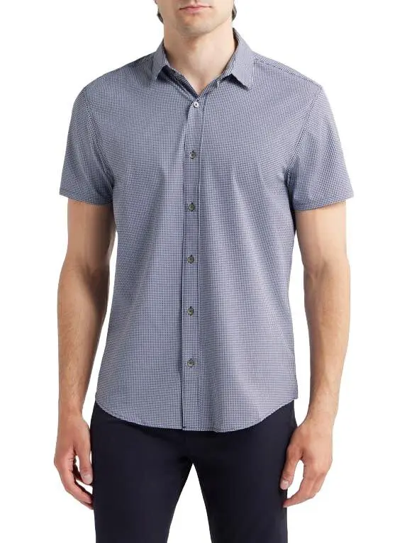 W.R.K Trim Fit Houndstooth Short Sleeve Performance Button-up Shirt - White/ Navy