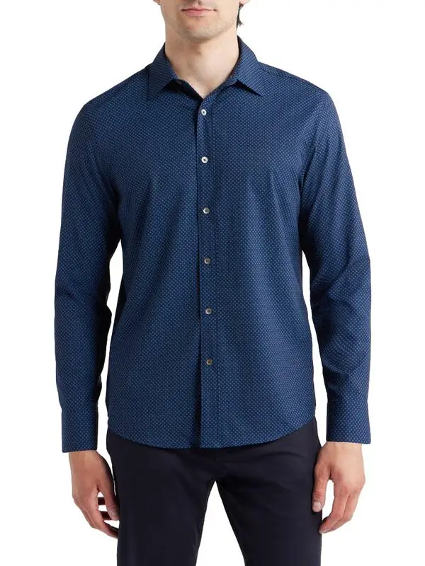 W.R.K Trim Fit Abstract Cube Print Performance Button-up Shirt - Navy