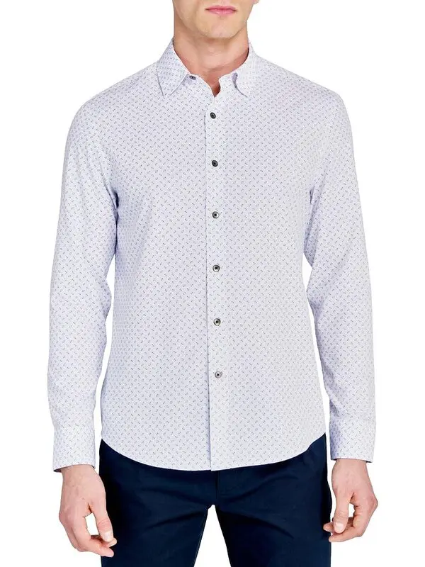 W.R.K Trim Fit Abstract Square Print Performance Button-up Shirt - Blue