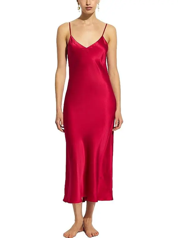Ginia Silk Long V Neck Nite - Ruby
