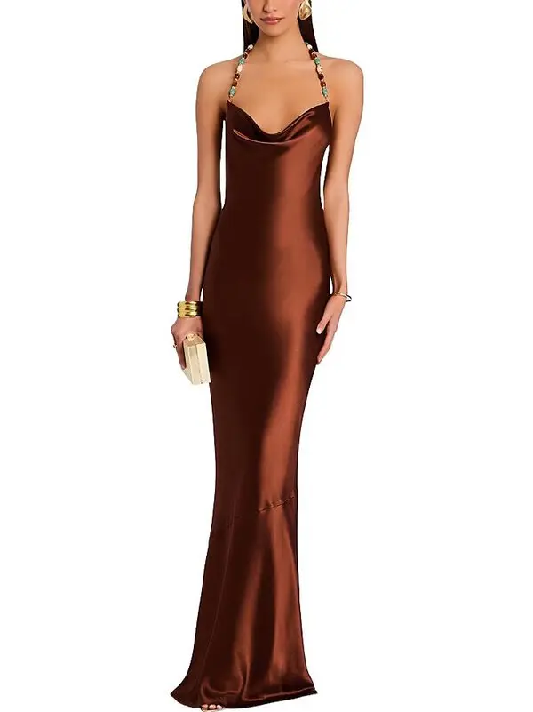 Retrofete Finley Beaded Halter Dress - Chestnut