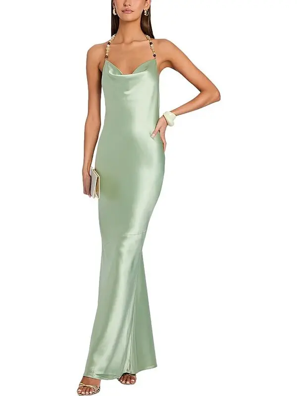 Retrofete Finley Beaded Halter Maxi Dress - Matcha