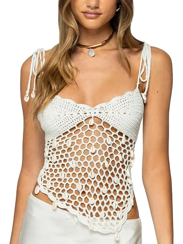 EDIKTED Shelley Asymmetric Crochet Top - Cream