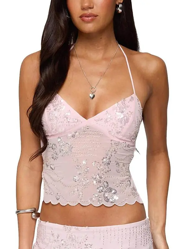 EDIKTED Backless Beaded Sequin Chiffon Top - Light-pink