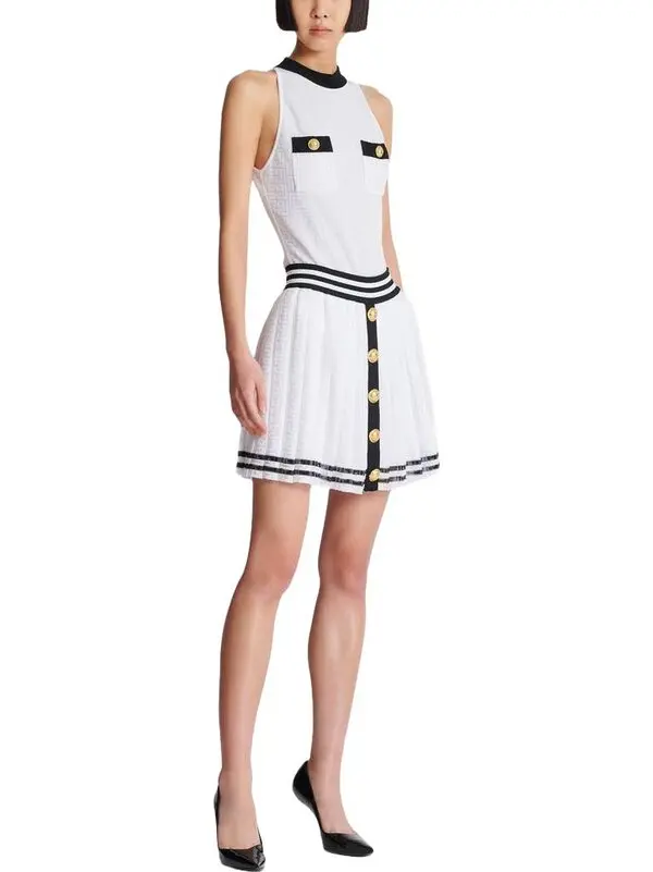 Balmain Pleated Knit Monogram Skirt - White