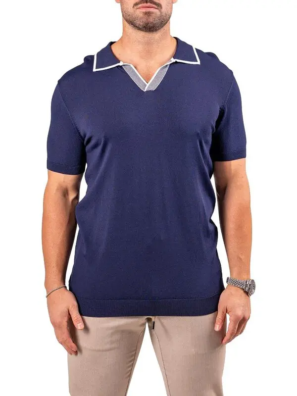 MACEOO Tipped Johnny Collar Polo - Blue