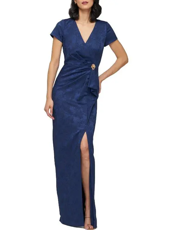 Js Collections Aidy Faux Wrap Column Gown - Navy