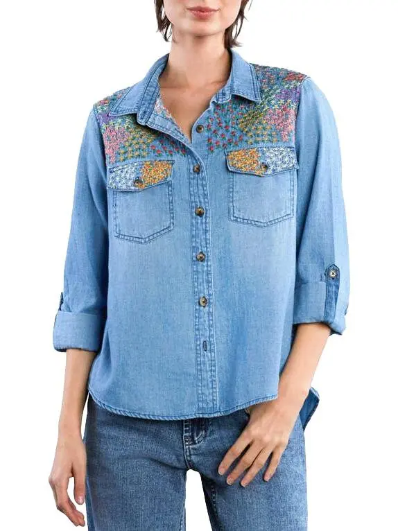 BILLY T Flower Patch Embroidered Button-up Shirt - Denim