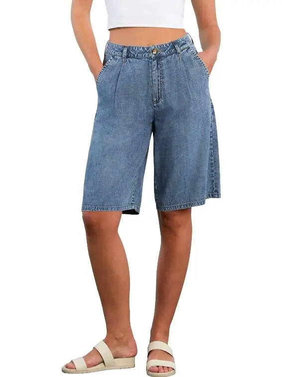 HINT OF BLU Pleated Mid-rise Denim Bermuda Shorts - Atlas Blue